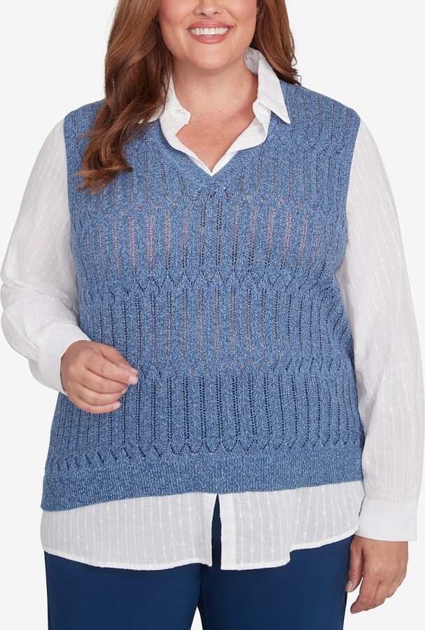 Alfred Dunner Plus Size Lake Victoria Collared Vest Two in One Sweater ...