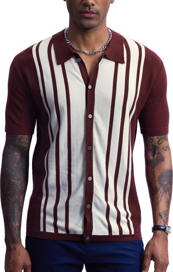 Mainfini Men Retro Slim Fit Knitted Button Down Shirt Vintage Knit ...