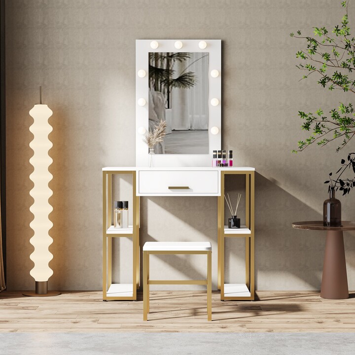 White modern simple vanity, solid metal frame construction, 9 LED ...