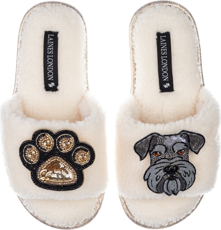 Laines London Teddy Towelling Slipper Sliders With Ernie The Schnauzer ...