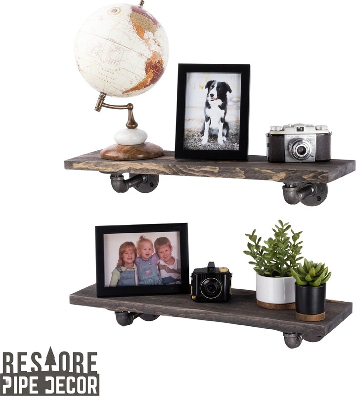 PIPE DECOR Restore Wood 24 in. Wall Shelf, L-Shape Steel Pipe Brackets ...