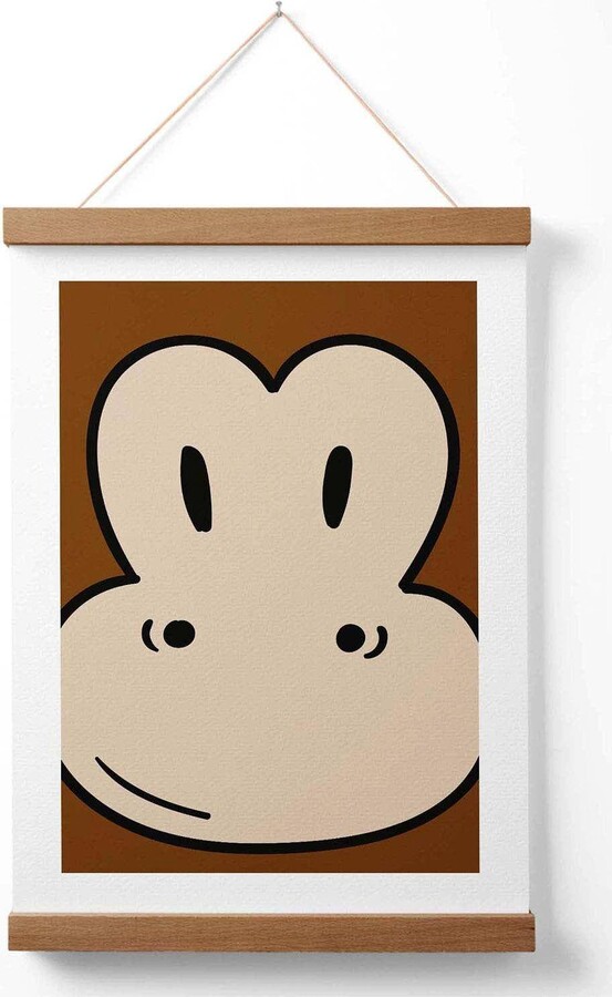 ARTZE Cute Cartoon Style Monkey Face Poster with Oak Hanger - Brown ...