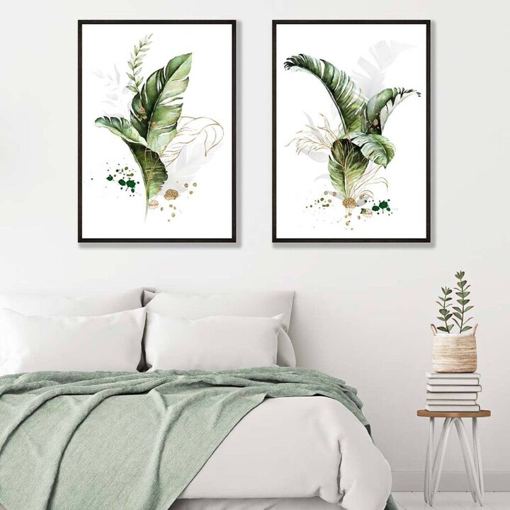 ARTZE Abstract Green Botanical Leaves Set of 2 Art Prints in Black ...