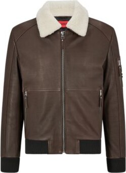 HUGO BOSS Regular-fit biker jacket in leather with teddy trim - ShopStyle