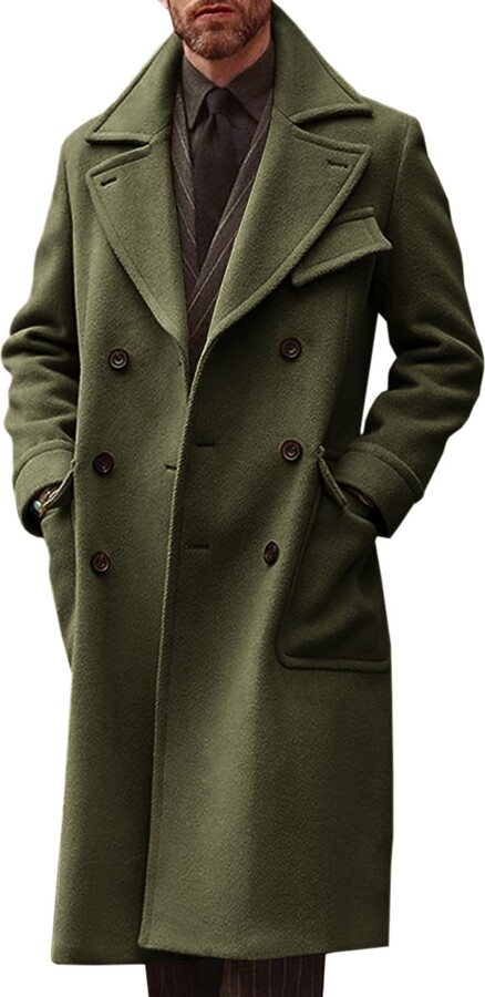 Runcati Mens Trench Coat Notch Lapel Double Breasted Peacoat Wool Blend ...