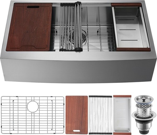 VEVOR Farmhouse Kitchen Sink, 304 Stainless Steel Drop-In Sinks, Top ...