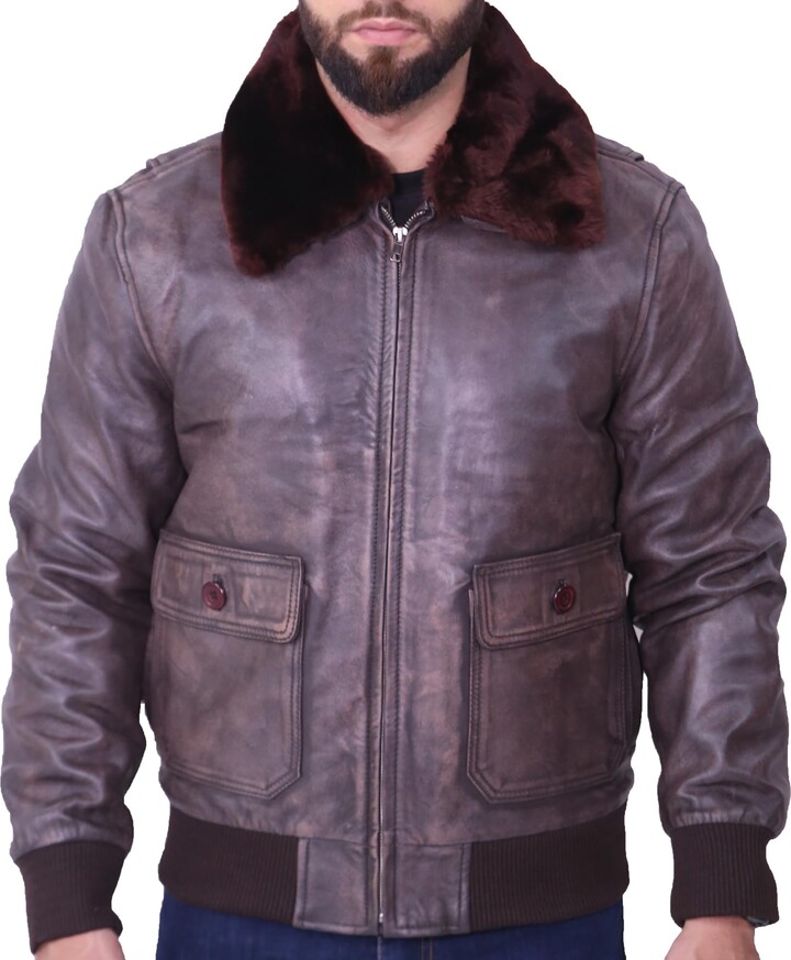 Noills Mens Air Force Black Leather Bomber Jacket - Brown Real Leather ...