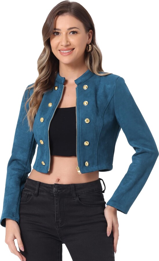 Allegra K Cropped Jacket for Women's Double Breasted Zip Up Biker Faux Suede Jacket Lake Blue XS ...