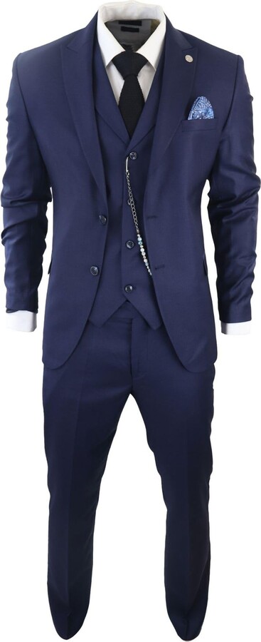 TruClothing Mens Classic 3 Piece Suit Navy Blue Pocket Chain Wedding ...