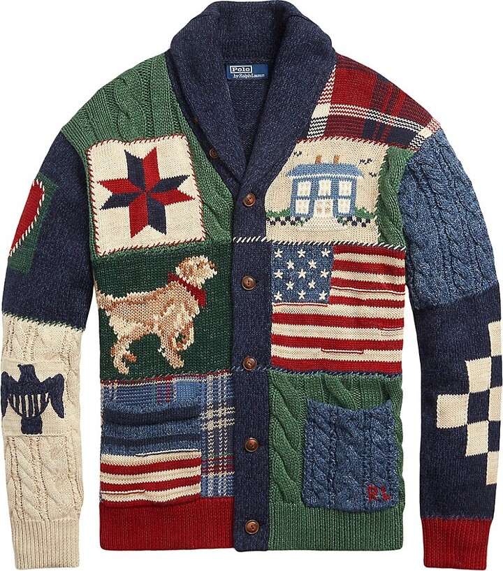 Polo Ralph Lauren Patchwork Cotton-Blend Cable Knit Shawl Cardigan ...