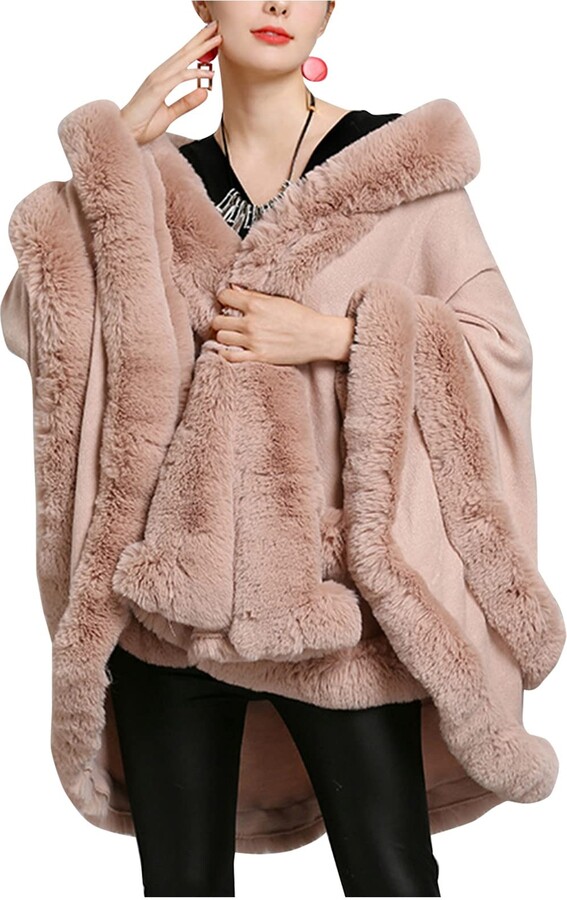Dawwoti Artificial Pashmina Cape Coat Women Hooded Poncho Faux Fur ...