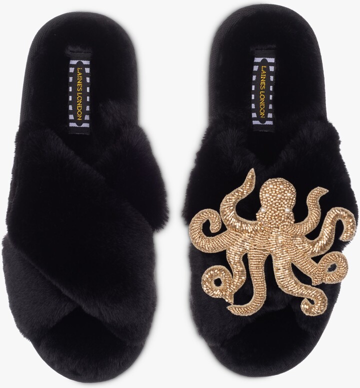 Laines London Classic Faux Fur Octopus Brooch Slippers - ShopStyle