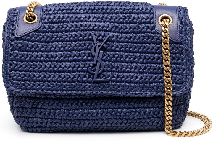 Saint Laurent Niki raffia logo-plaque shoulder bag - ShopStyle
