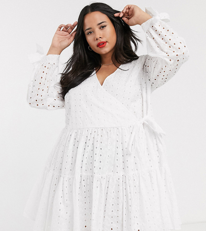 ASOS DESIGN Curve broderie wrap trapeze tiered mini dress in white - ShopStyle
