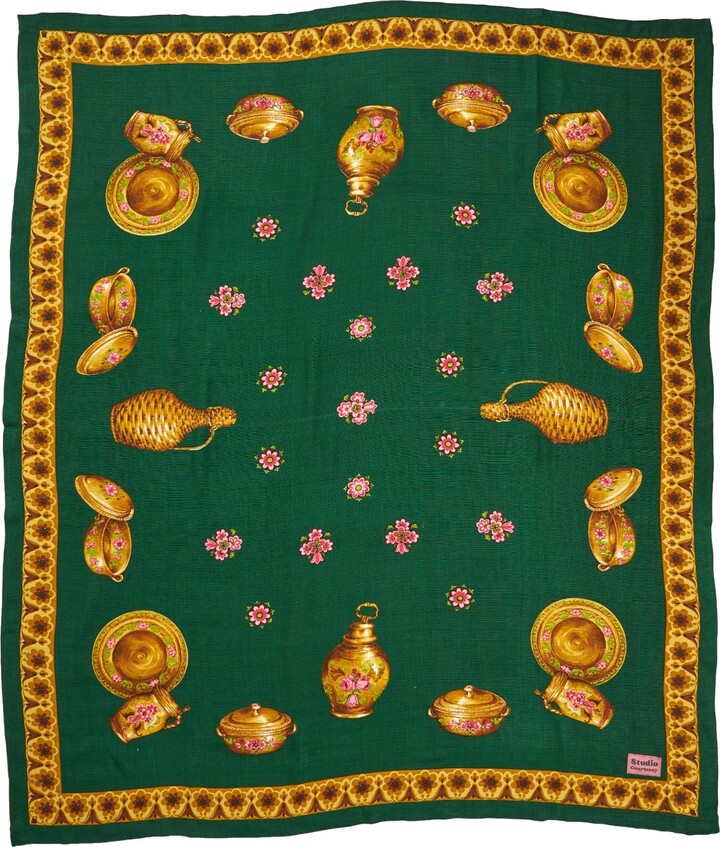 Studio Courtenay - Gold & Green Floral Print Rectangular Table Cloth ...