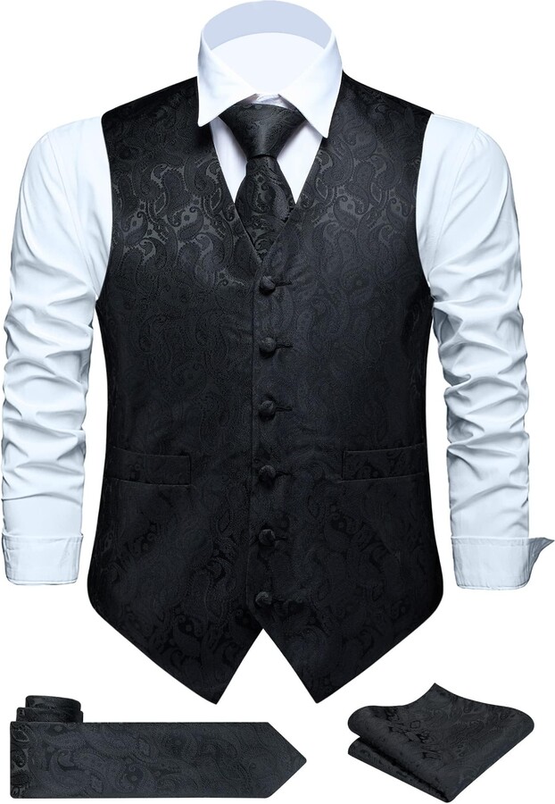 FAIMO Black Waistcoat Mens Paisley Floral Jacquard Waistcoat with ...