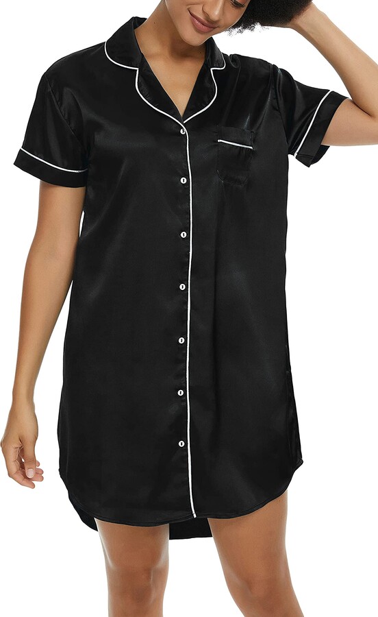 Alcea Rosea Women's Satin Nightgown Boyfriend Nightshirt Short Sleeves ...
