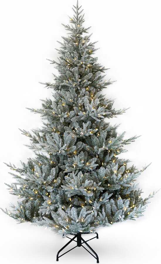 National Tree Company 7ft Feel Real Snowy Nordmann Spruce Hinged Christmas Tree with 450 Warm ...