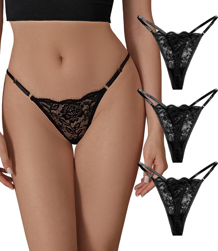 SHARICCA Lace G-String Thongs for Women Adjustable Sexy Low Rise Underwear Breathable T-back ...