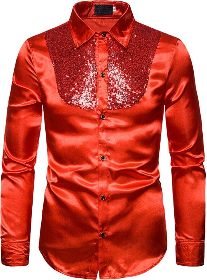 Kaizizi Men's Shiny Sequin Dress Shirt Long Sleeve Button Down 70S ...