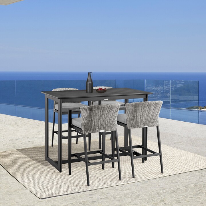 Armen Living Aileen Grey Wicker and Black Aluminum Outdoor 5-Piece Bar ...