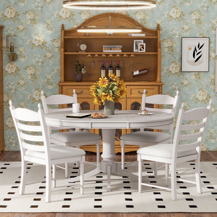 EYIW 5-Piece Retro Functional Dining Table Set, Wood Round Extendable ...