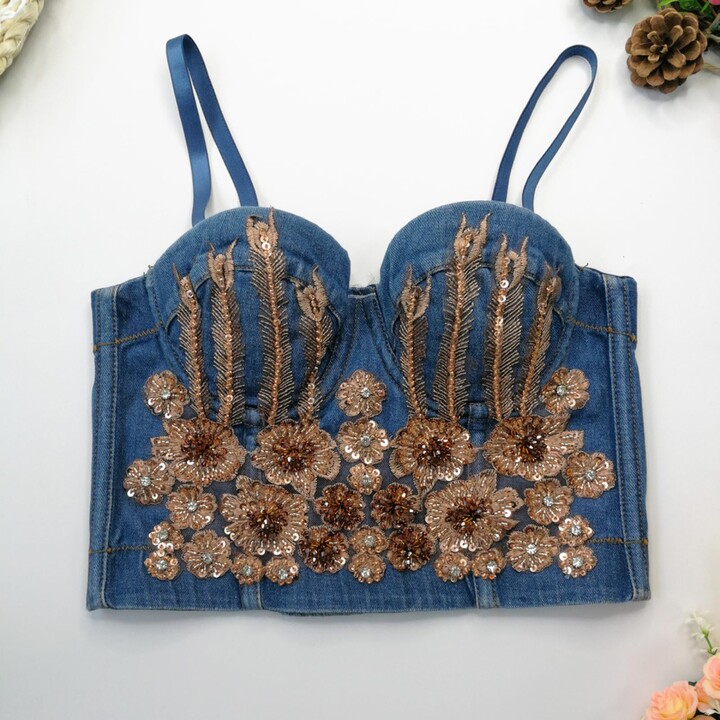 FDJIAJU Women'S Bustiers Corsets Winter Denim Sexy Female Sequins ...