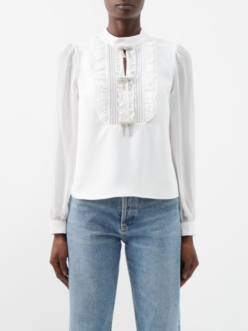 Self-Portrait Crystal-embellished Ruffled Crepe Blouse - Ivory ...