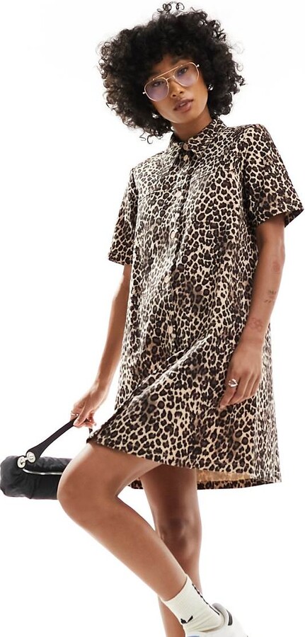 Monki short sleeve button up collar mini dress in leopard print - ShopStyle