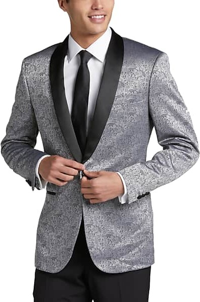 Egara Men's Slim Fit Shawl Lapel Dinner Jacket Silver Jacquard ...