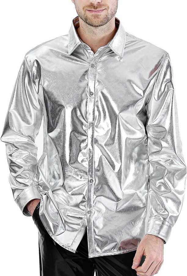 COSAVOROCK Mens 70s Disco Shirt Metallic Fancy Dress Outfit Ugly Funky ...