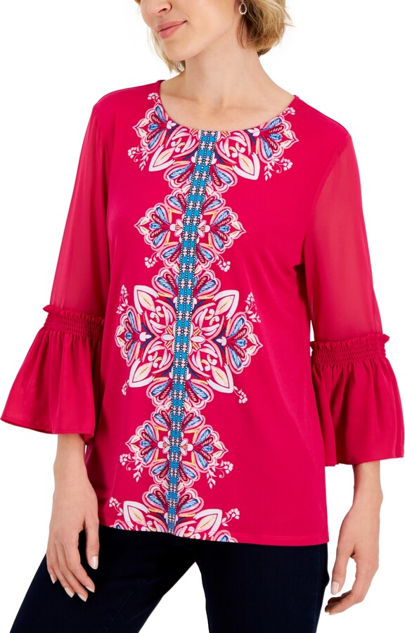 JM Collection Women's Medallion Trail Sheer-Sleeve Tunic, Created for ...