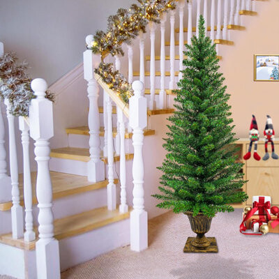 The Holiday Aisle 4 Ft 2 Pack Potted Artificial Christmas Tree For Entrance With 3 Mode Timer 80 ...