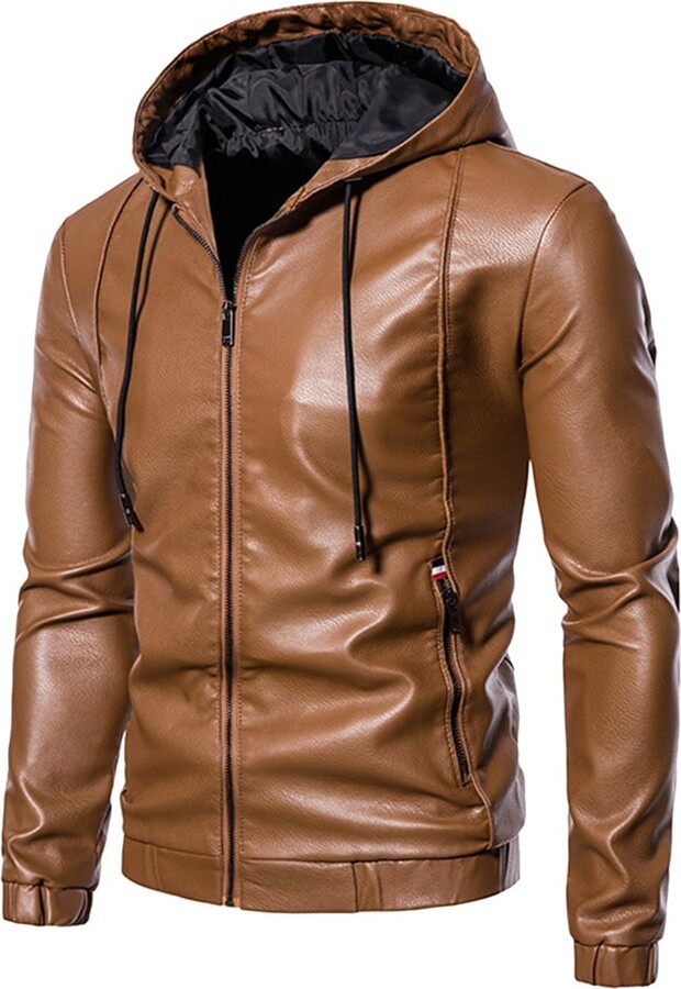 Mymyguoe Men's Hooded Jacket PU Lightweight Leather Jacket with Stand ...