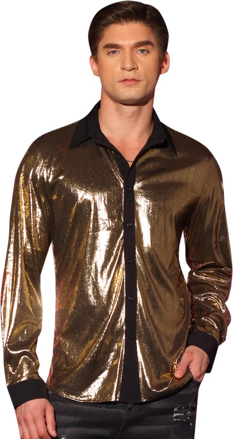 Lars Amadeus Shiny Metallic Shirt for Men's Long Sleeves Button Party ...