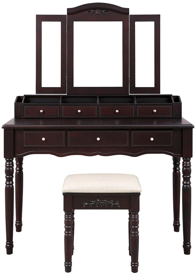 VASAGLE Brown Makeup Table with Tri-Fold Mirror - Dark Expresso ...