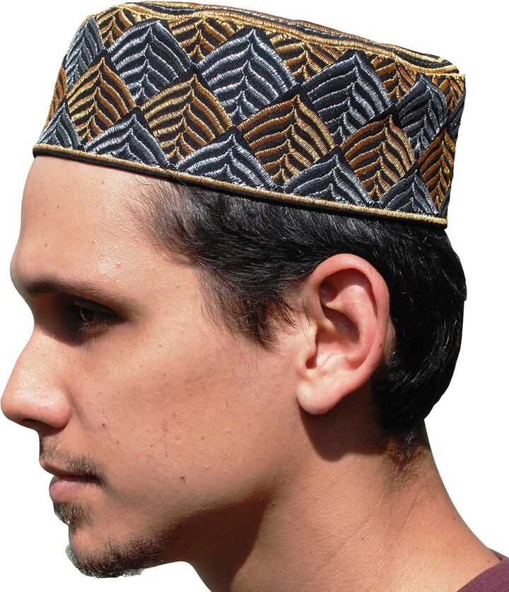 TheKufi Black Metallic Silver & Gold Embroidered Semi-Rigid African ...