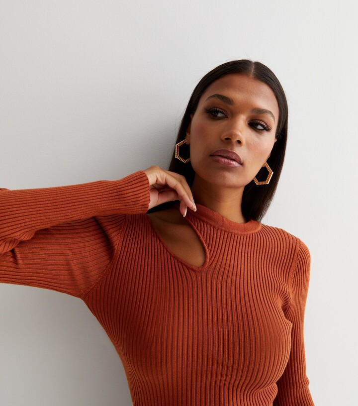 Gini London Rust Ribbed Knit Cut Out Bodycon Midi Dress - ShopStyle