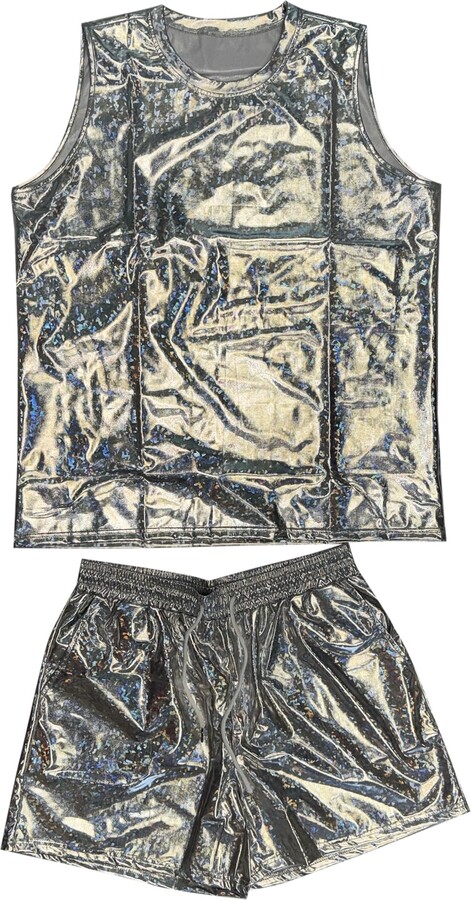 Lars Amadeus Holographic Tank Top and Shorts Set for Men's Party Disco Metallic 2 Pieces Outfits ...