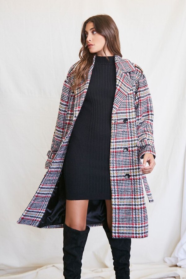 Forever 21 Women's Plaid Double-Breasted Duster Coat in Cream Medium ...