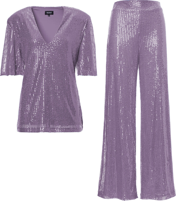 Bluzat Pink / Purple Lilac Sequin Matching Set With Blouse And Wide Leg ...