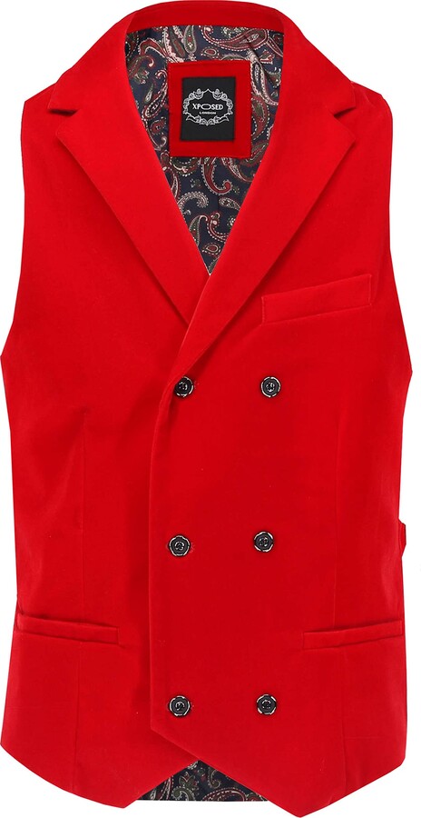 Xposed Mens Double Breasted Collared Velvet Waistcoats Classic Tailored ...
