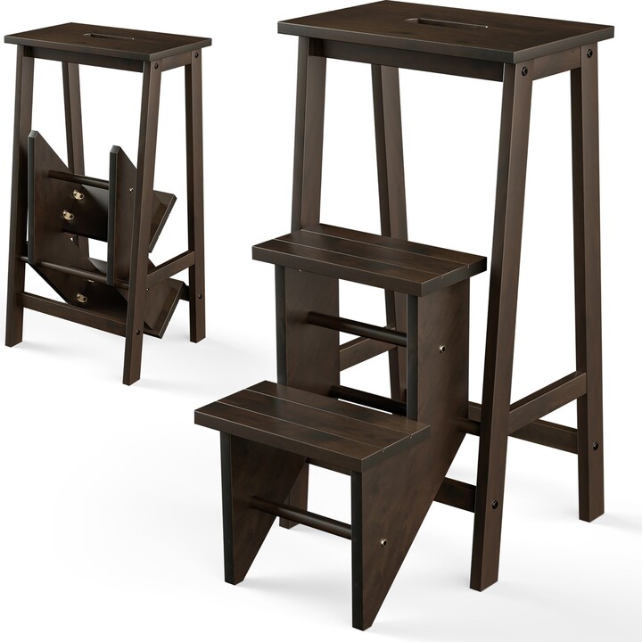 Costway 3 Tier Folding Step Stool 3-in-1 Rubber Wood Ladder Storage ...