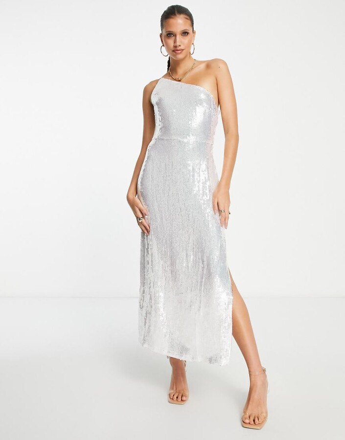 Pretty Lavish one shoulder thigh split embellished maxi dress in silver ...