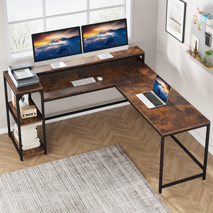 Bluebell L Shaped Desk with Monitor Stand and Storage Shelves ...