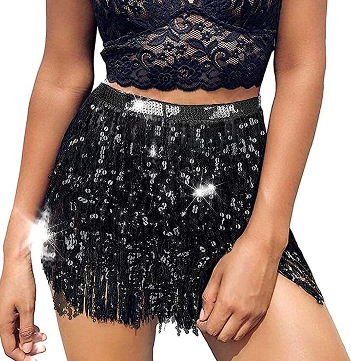 Baisdan Belly Dance Dancer Costume Sequin Tassel Fringe Hip Scarf Belt Waist Wrap Skirt Black ...