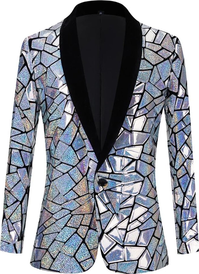 Alonepat Men Sequins Bling Glitter Blazer Shawl Collar Button Tuxedo ...