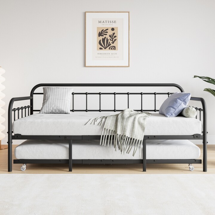 Simplie Fun Twin Size Metal Daybed Frame With Trundle, Heavy Duty Steel ...