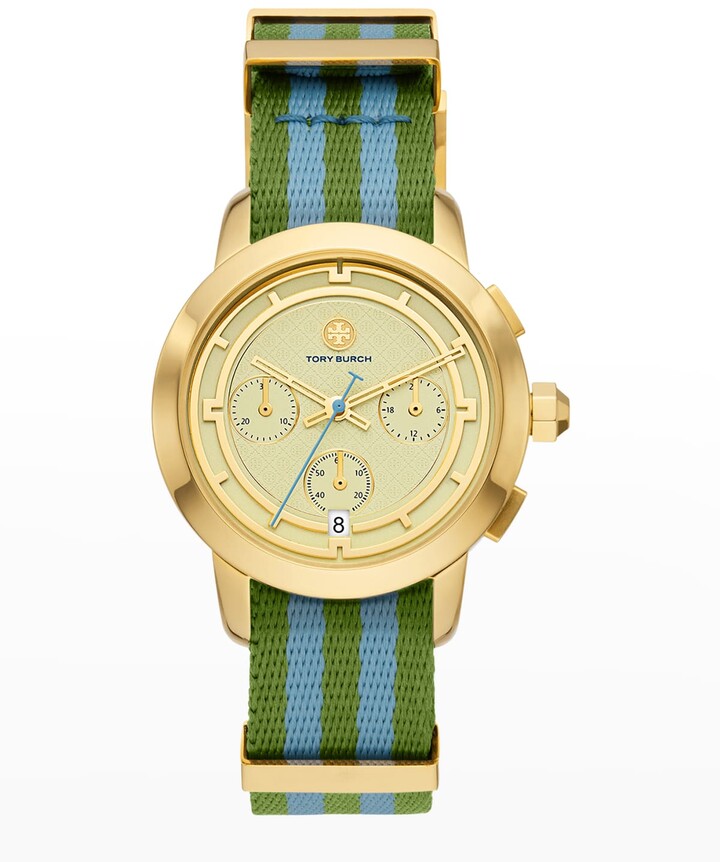 Tory Burch The Tory Chronograph Watch with Blue and Green Fabric Strap ...