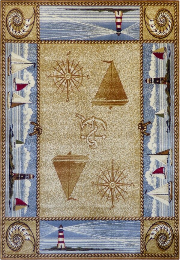 Emma and Oliver 5x7 Beige Nautical Theme Accent Rug with Coastal Scene ...